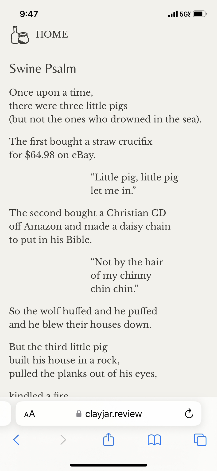 My poem , Swine Psalm was published in Clay Jar Review this morning ...